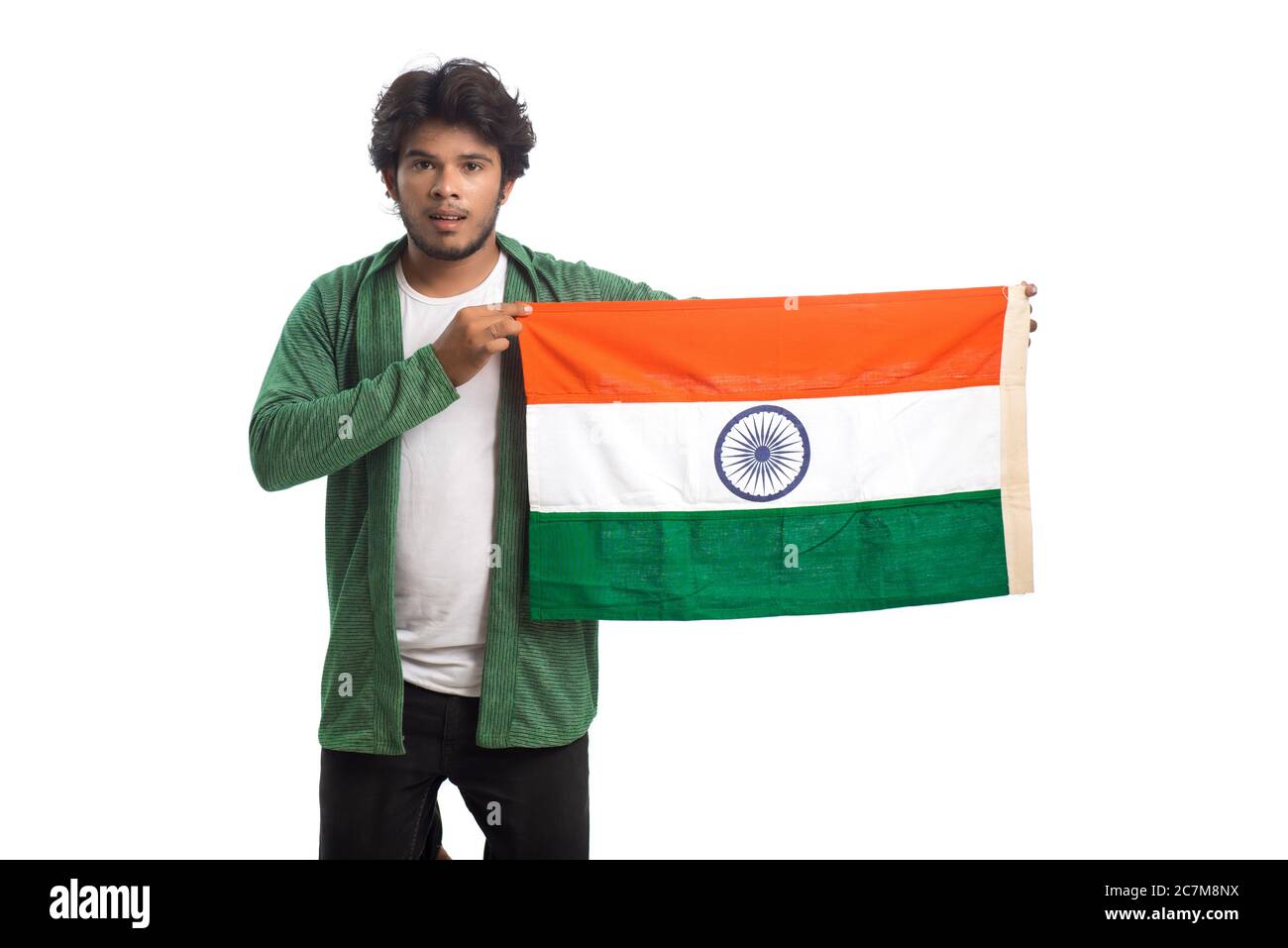 Young man with Indian flag or tricolor on white background, Indian ...