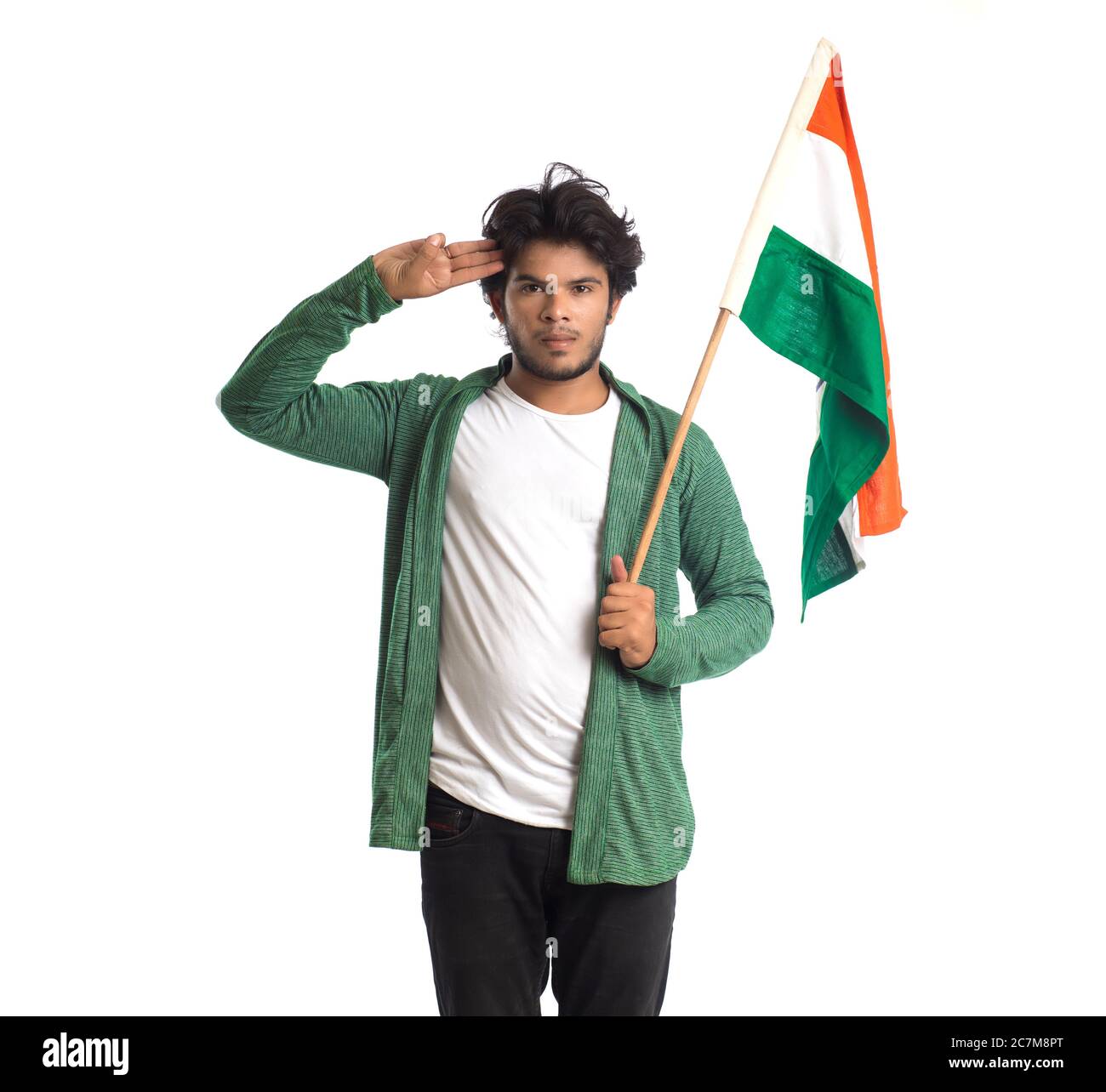 Young man with Indian flag or tricolor on white background, Indian ...