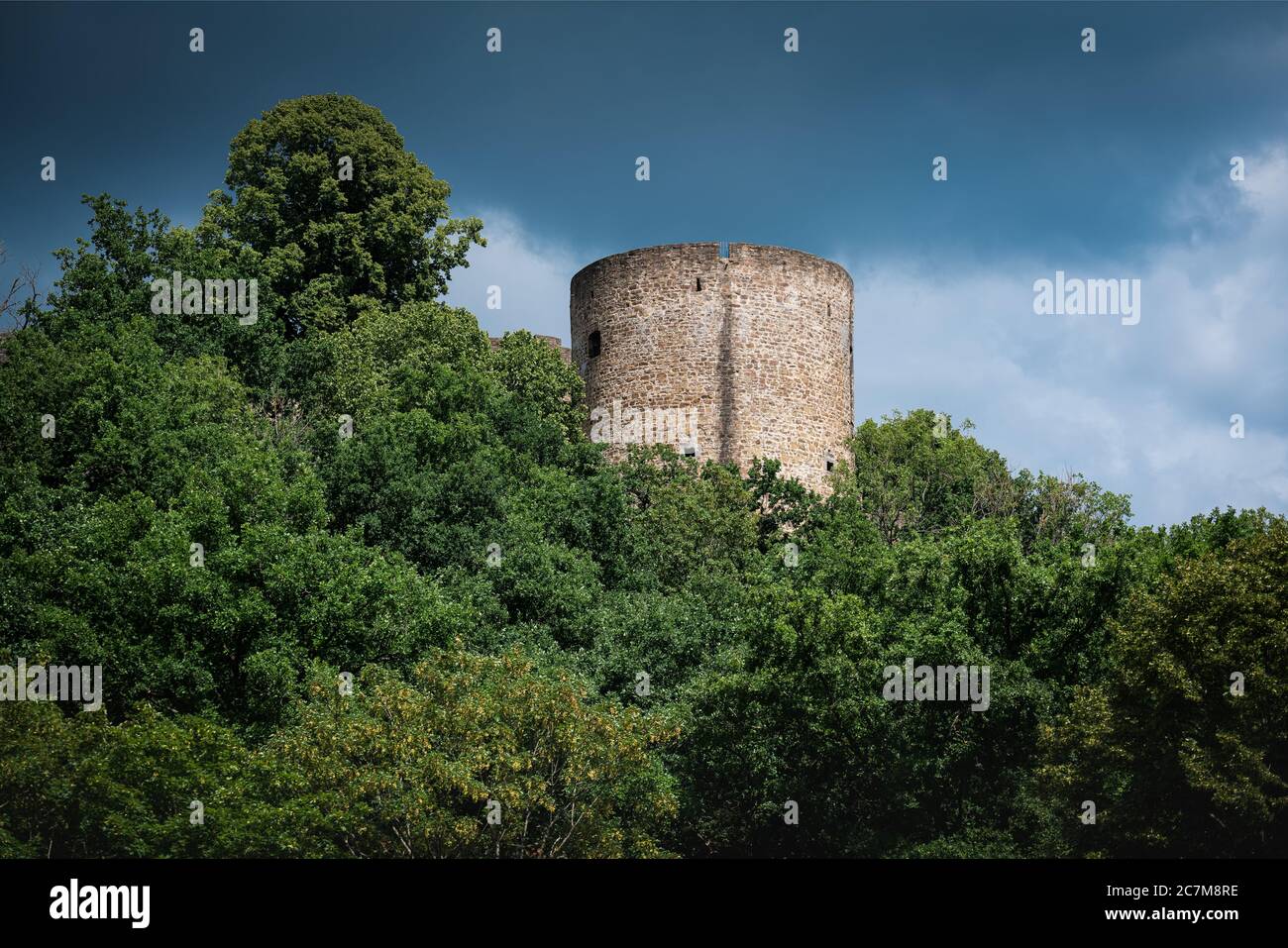 An old medieval defense tower on a hill protrudes from the forest Stock ...