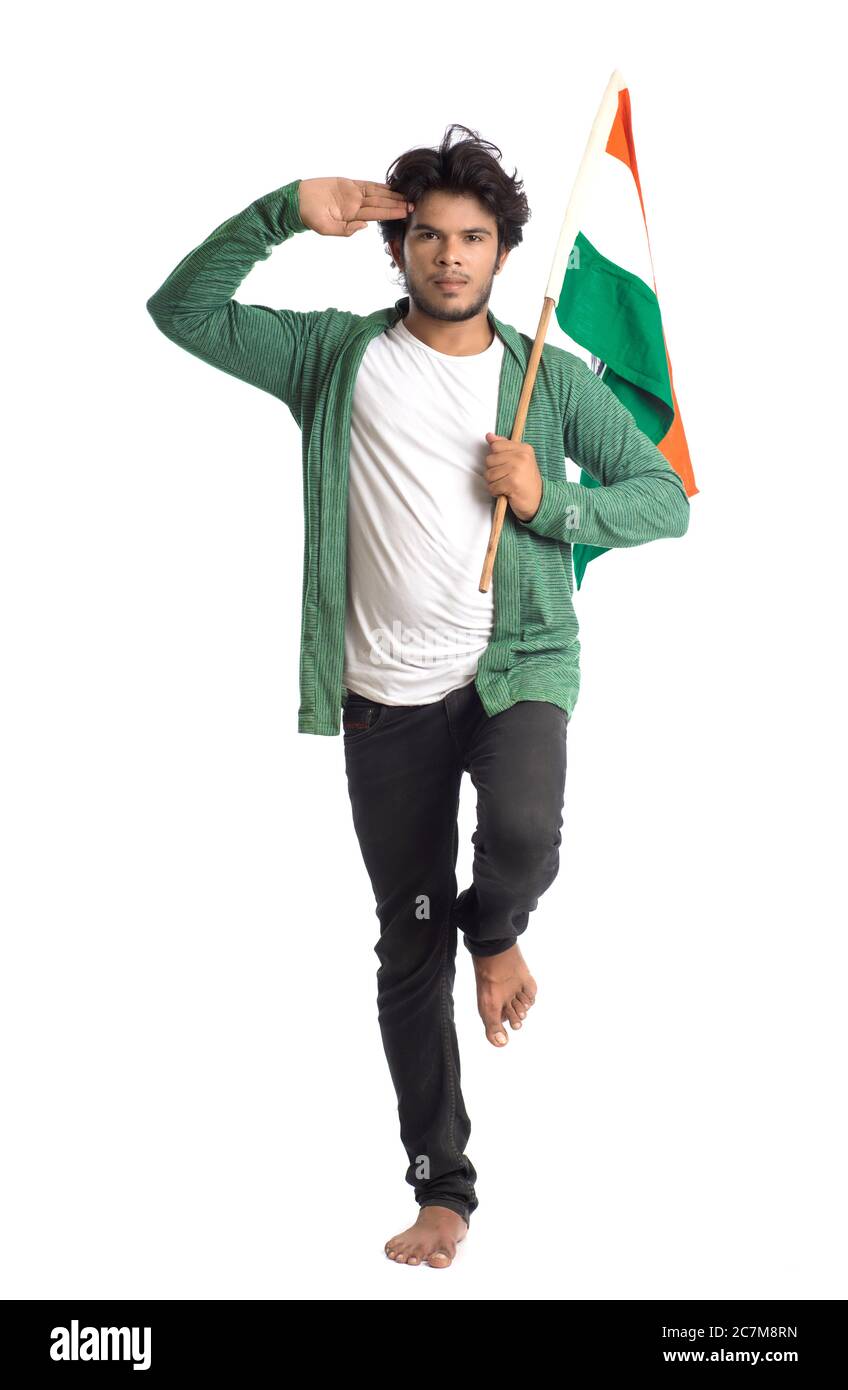 Young man with Indian flag or tricolor on white background, Indian ...
