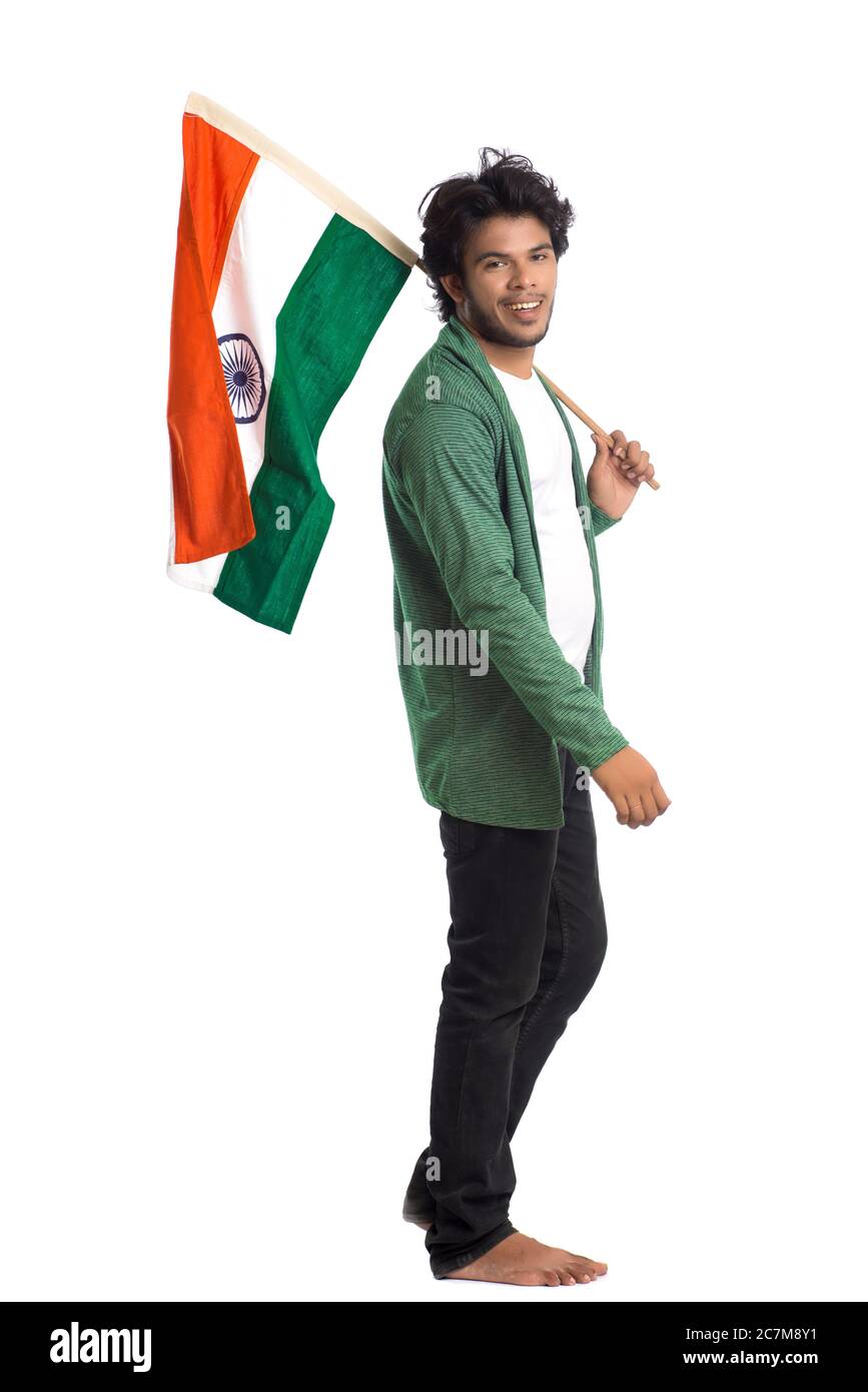Young man with Indian flag or tricolor on white background, Indian ...