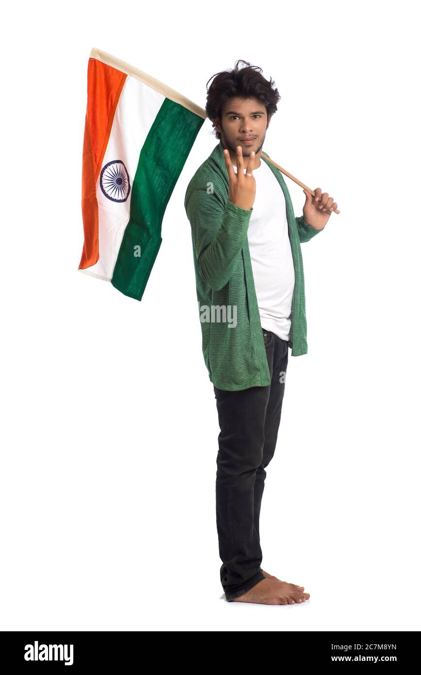 Young man with Indian flag or tricolor on white background, Indian ...