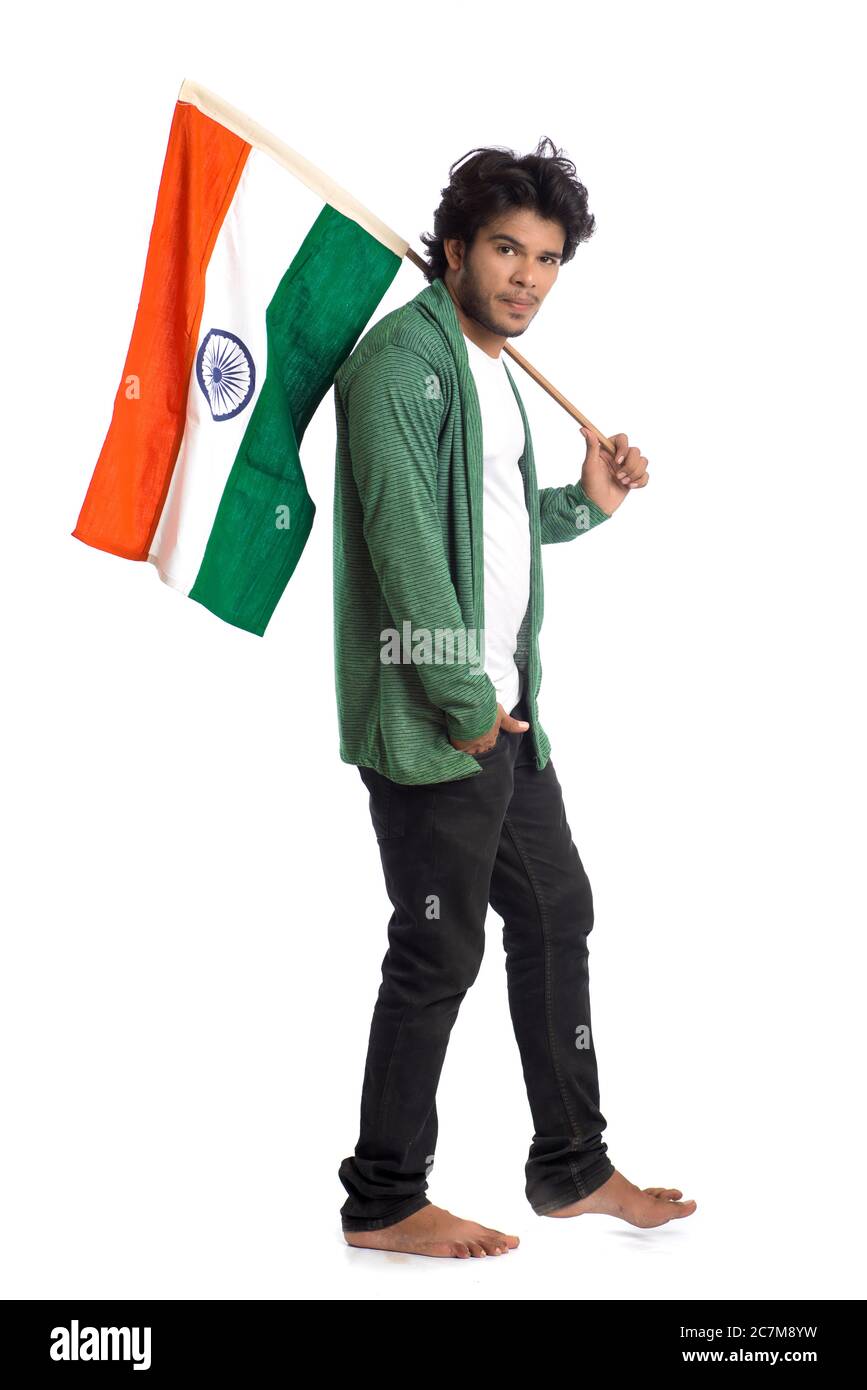 Young man with Indian flag or tricolor on white background, Indian ...