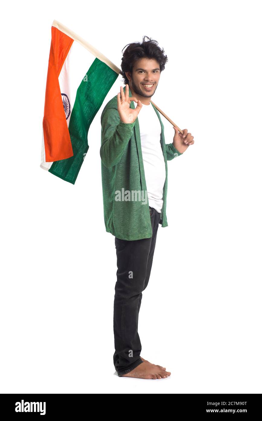 Young man with Indian flag or tricolor on white background, Indian ...