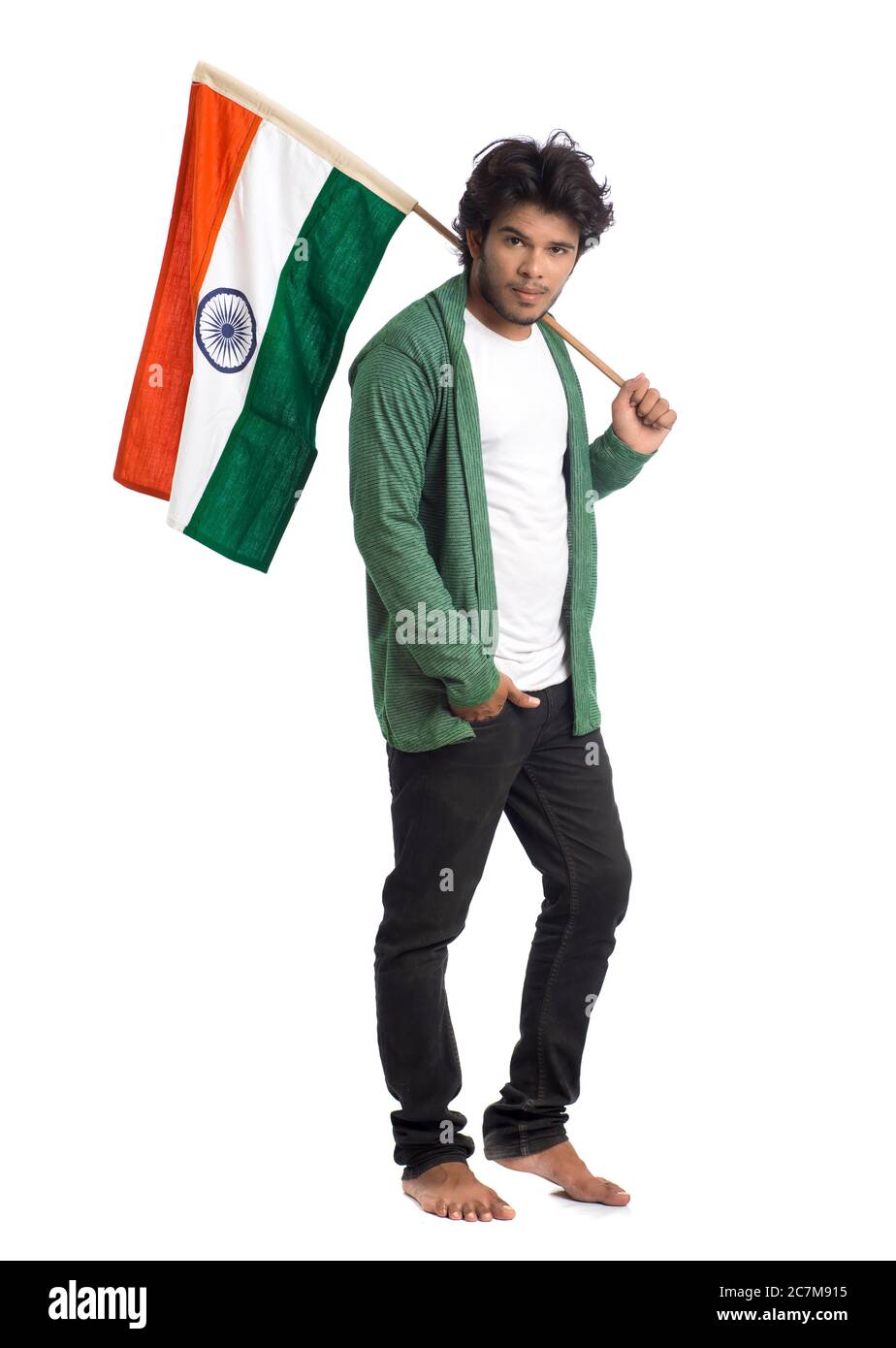 Young man with Indian flag or tricolor on white background, Indian ...