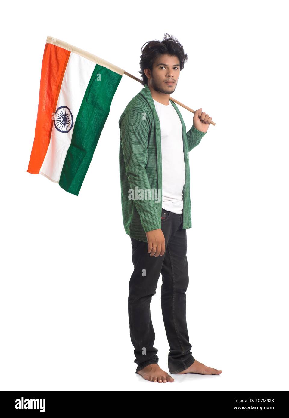 Young man with Indian flag or tricolor on white background, Indian ...