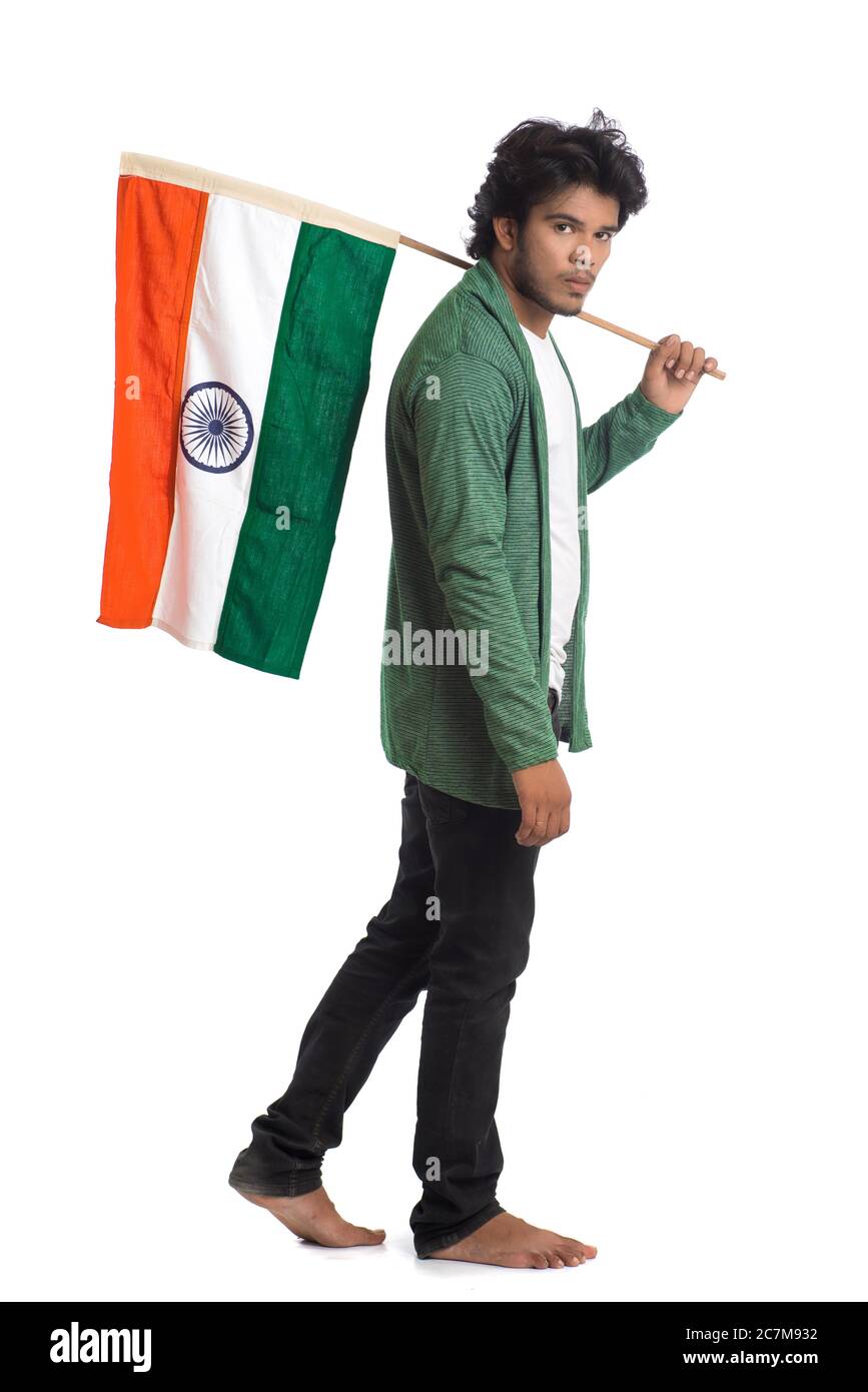 Young man with Indian flag or tricolor on white background, Indian ...