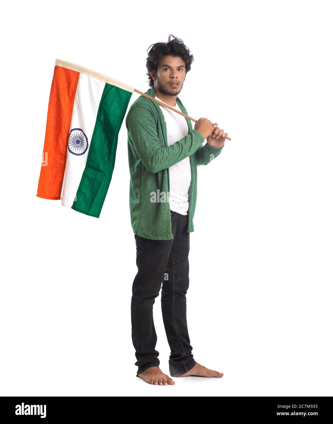 Young man with Indian flag or tricolor on white background, Indian ...
