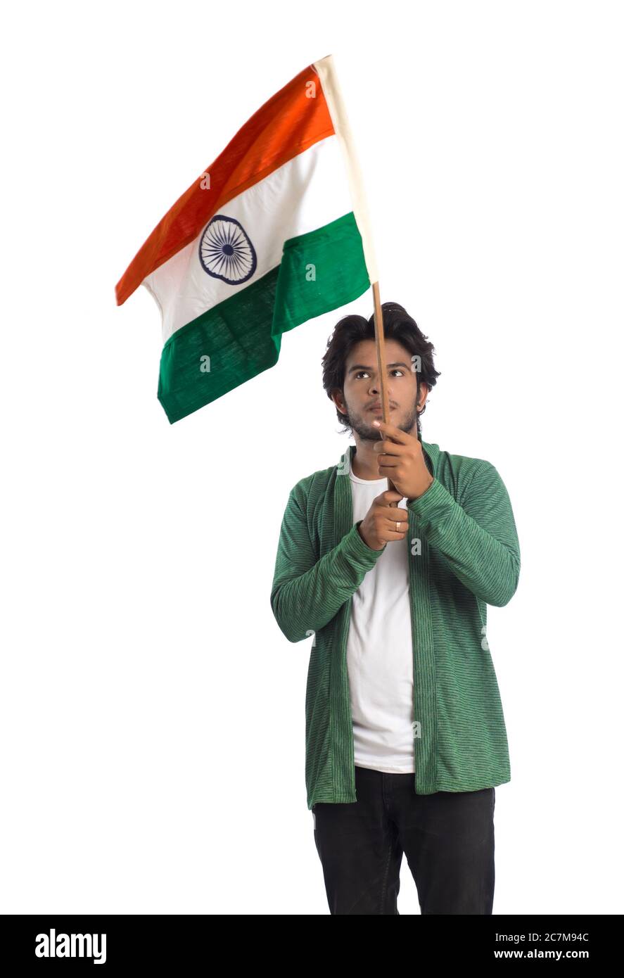 Young man with Indian flag or tricolor on white background, Indian ...