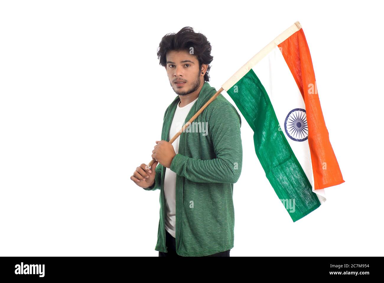 Young man with Indian flag or tricolor on white background, Indian ...