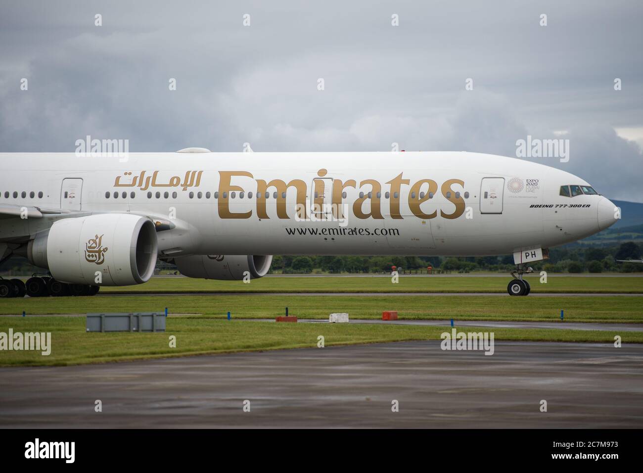 Close up of emirates logo name on starboard fuselage hi-res stock ...