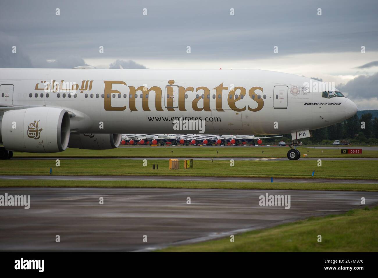 Close up of emirates logo name on starboard fuselage hi-res stock ...