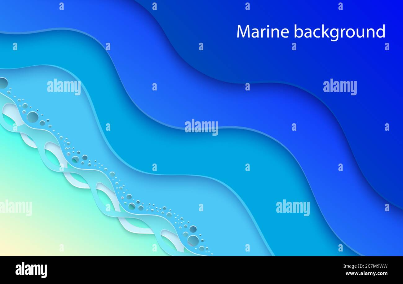 Abstract blue sea and beach summer background with paper waves and ...