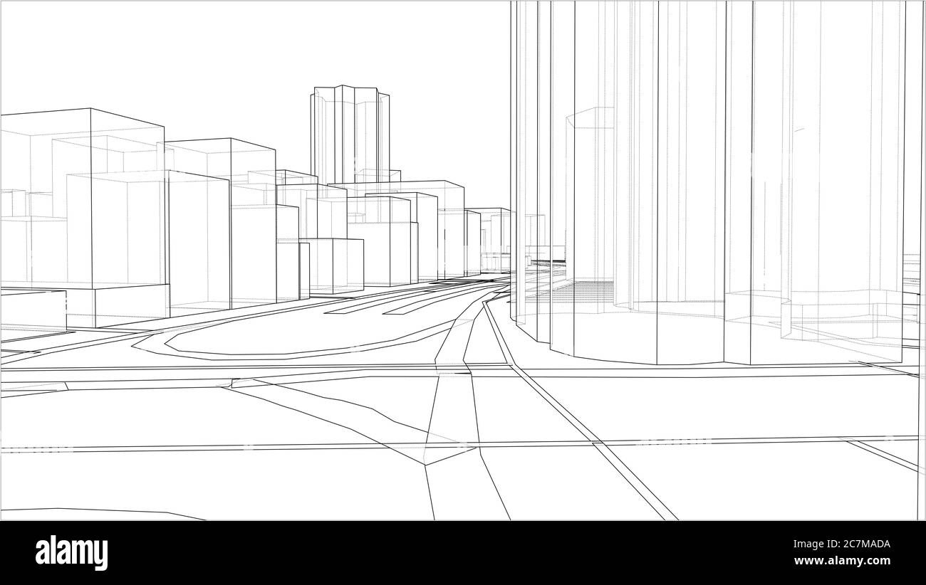 Sketch of 3D city with buildings and roads Stock Photo - Alamy