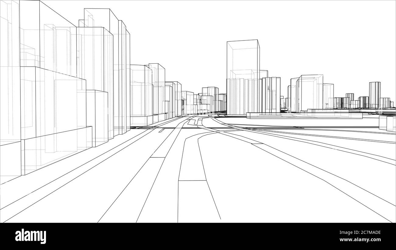 Sketch of 3D city with buildings and roads Stock Photo - Alamy