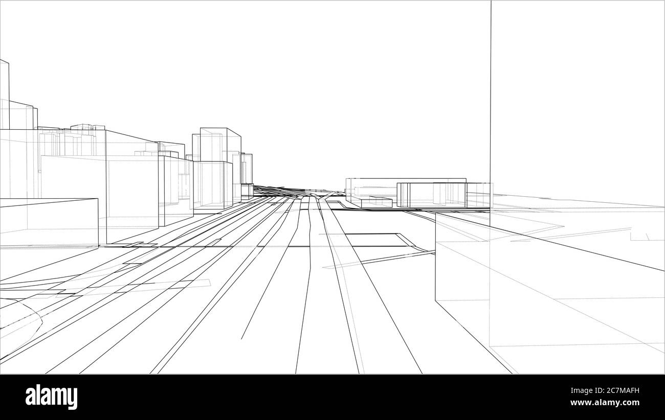 Sketch of 3D city with buildings and roads Stock Photo - Alamy