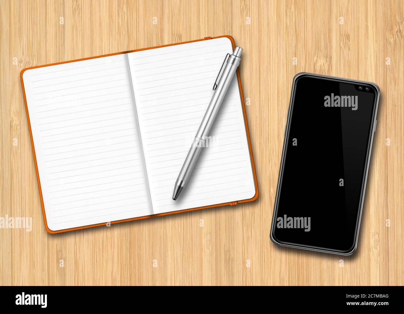 Open notebook, pen and smartphone on a wooden desk Stock Photo - Alamy