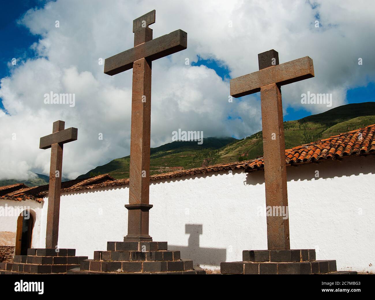 Three crosses outside of an old church, Peru, South America Stock Photo ...