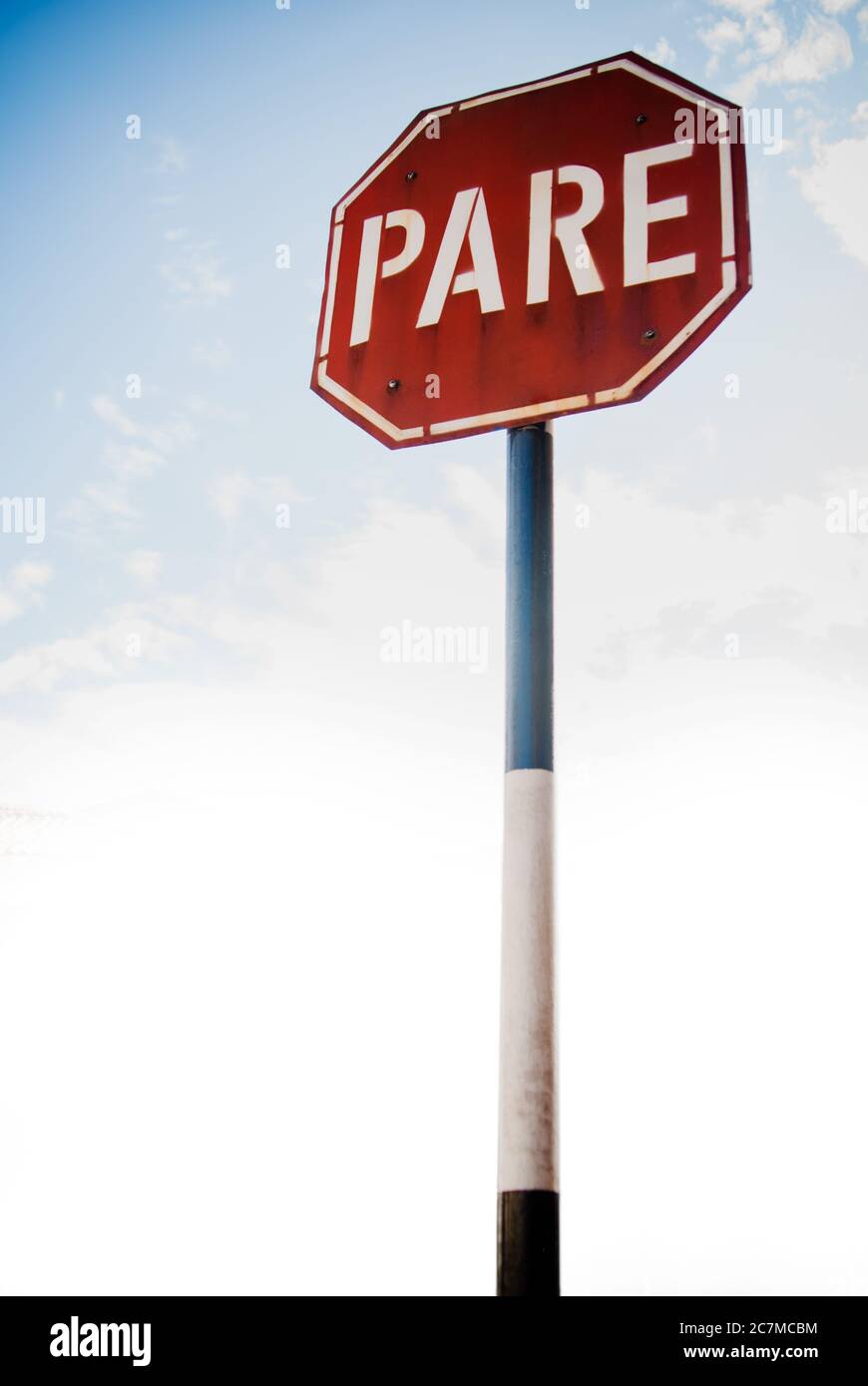 Spanish stop sign against blue sky, Cusco, Peru, South America Stock ...