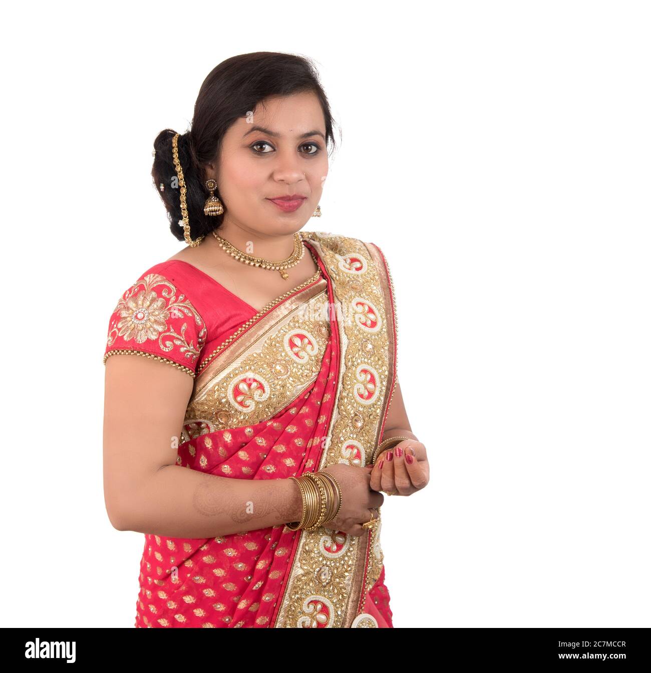 Beautiful young girl posing in Indian traditional saree on white ...