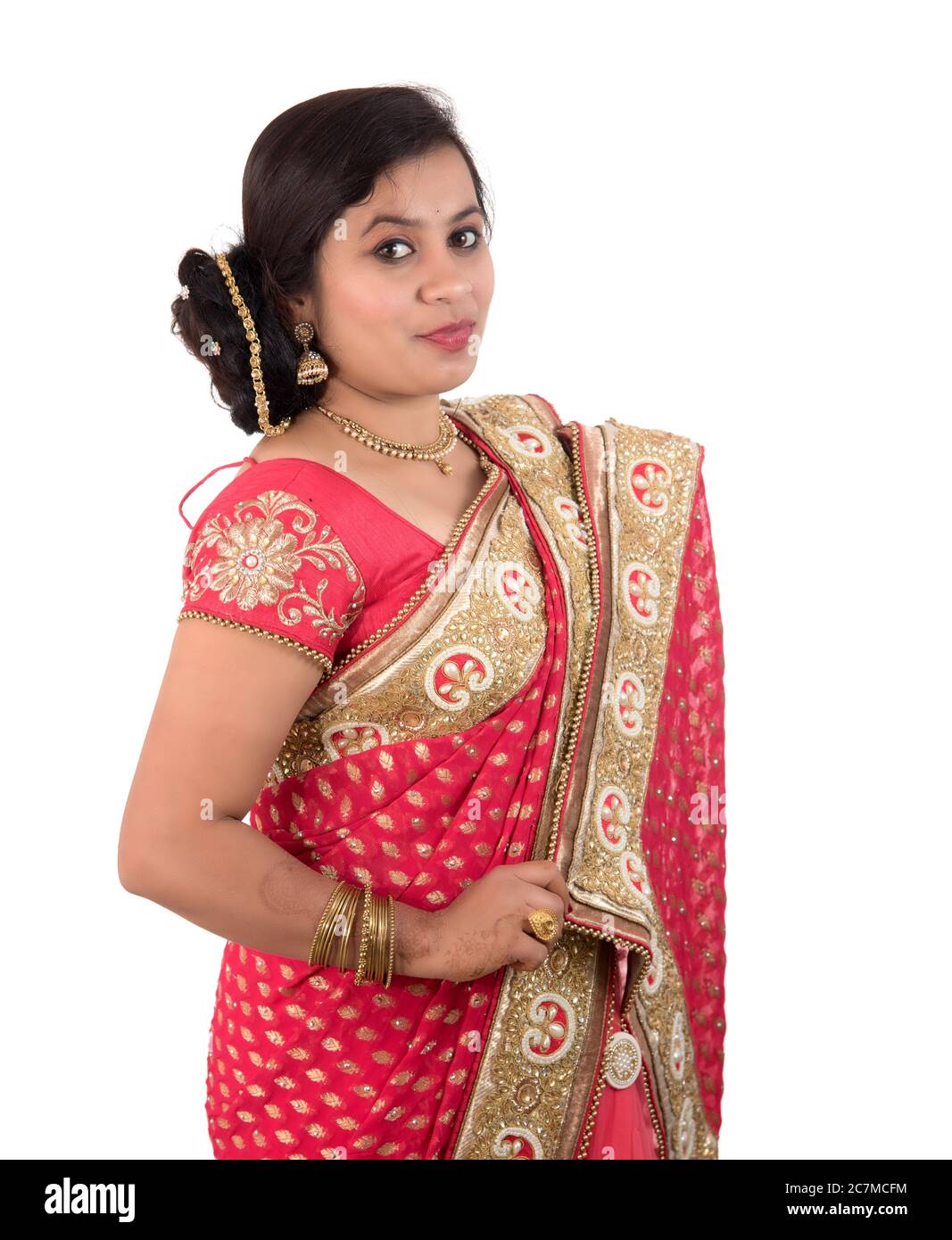 Beautiful young girl posing in Indian traditional saree on white ...