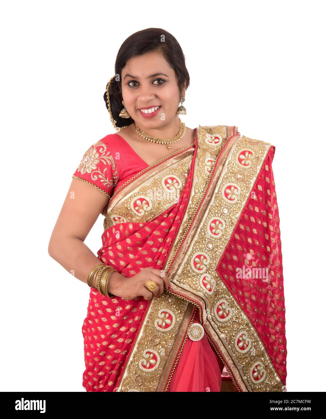 Beautiful young girl posing in Indian traditional saree on white ...