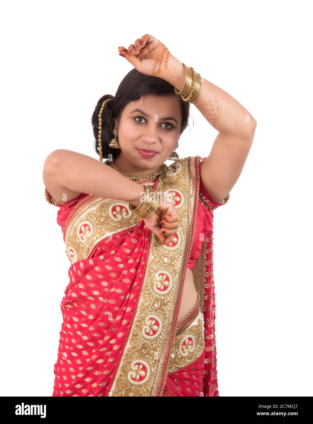 Beautiful young girl posing in Indian traditional saree on white ...