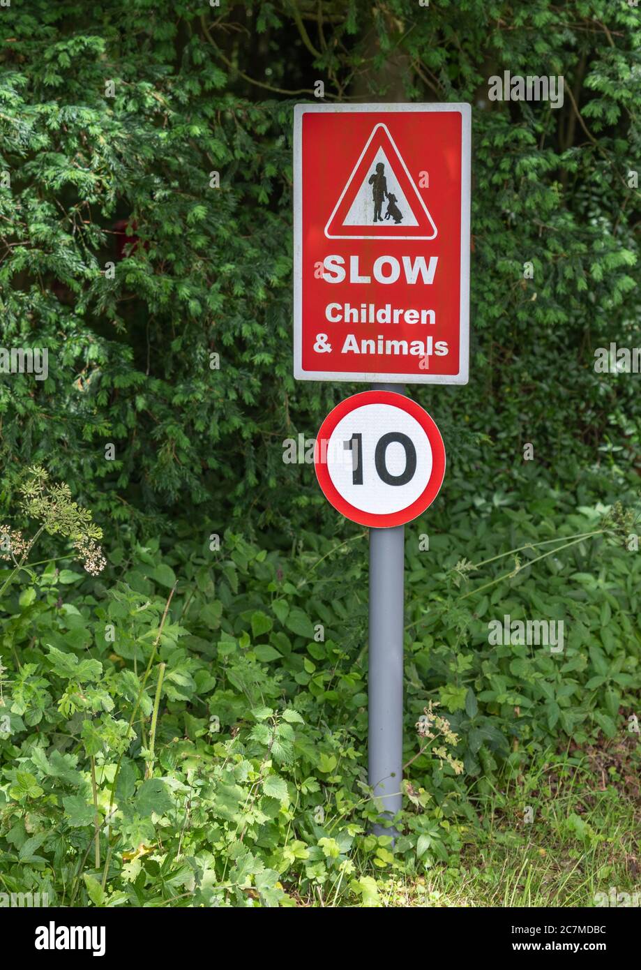 Slow children and animals red road sign with a 10 speed limit Stock ...