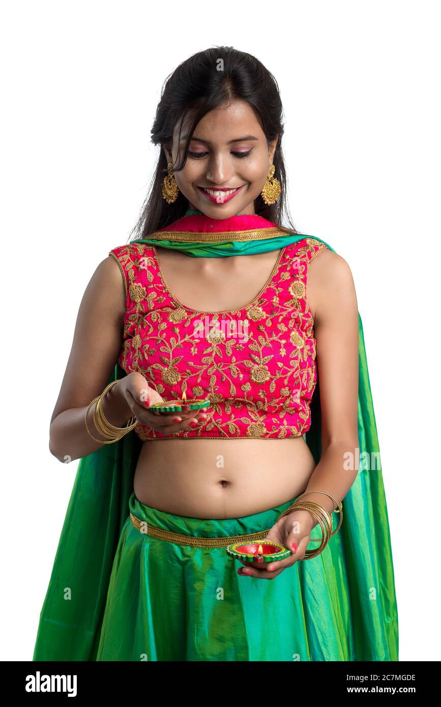 Portrait of a Indian Traditional Girl holding Diya, Girl Celebrating ...