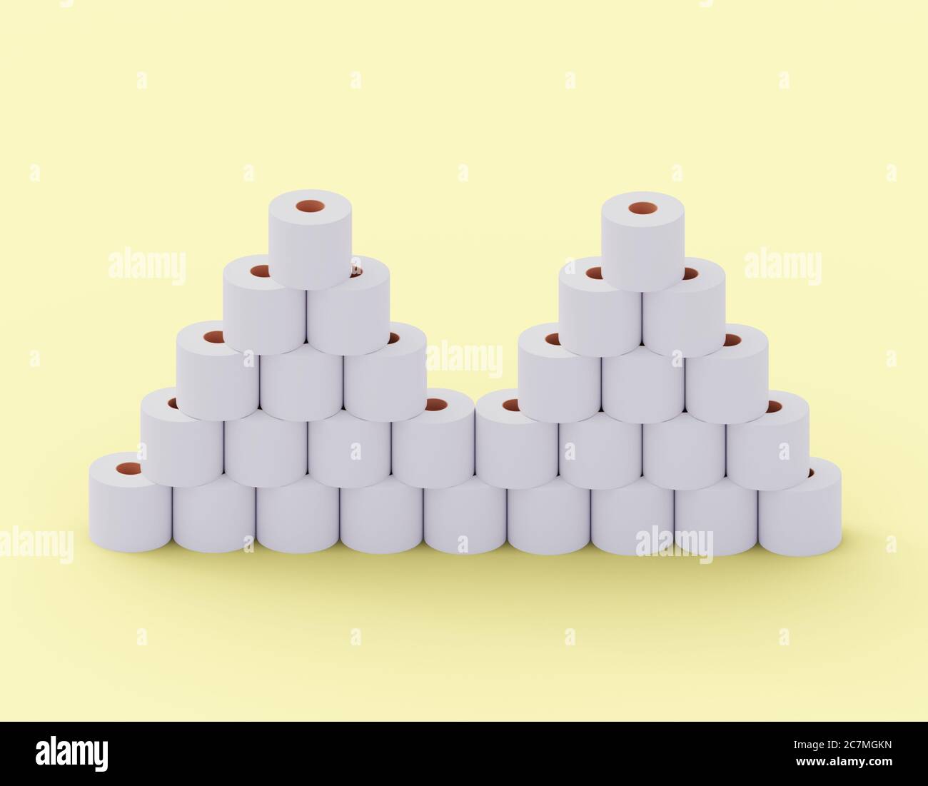 A pyramids of toilet paper on a yellow background. 3d illustration ...