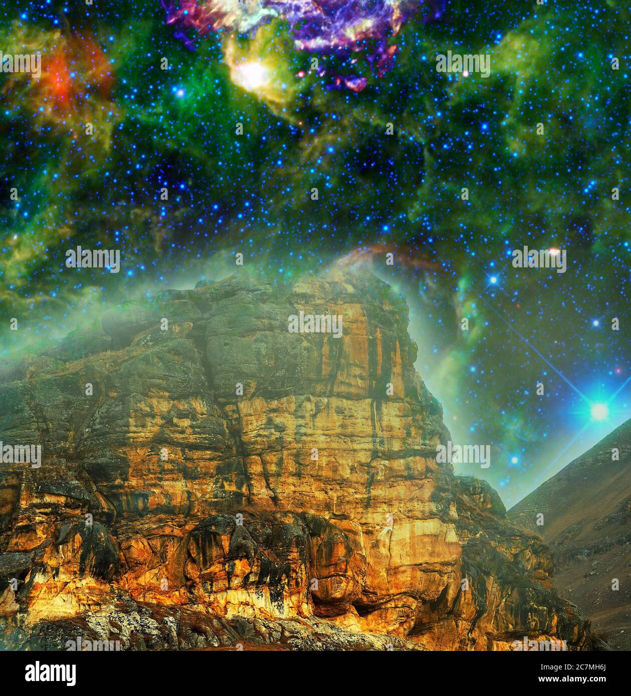 Rock in fog and night space sky with stars. Elements of this image ...