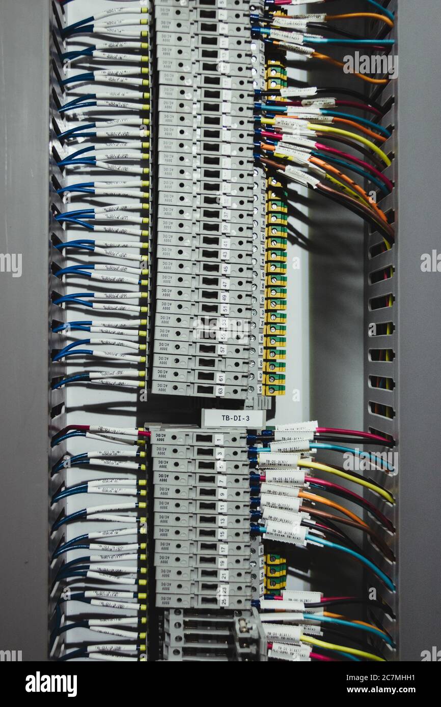 Vertical closeup shot picturing inside of the electrical box and the ...