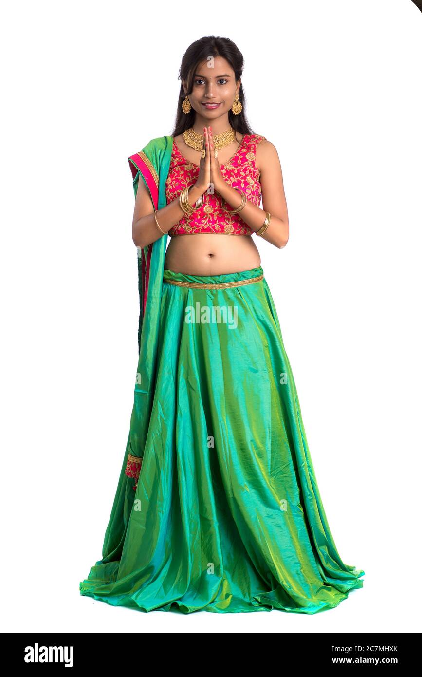 Beautiful Indian girl with welcome expression (inviting), greeting ...