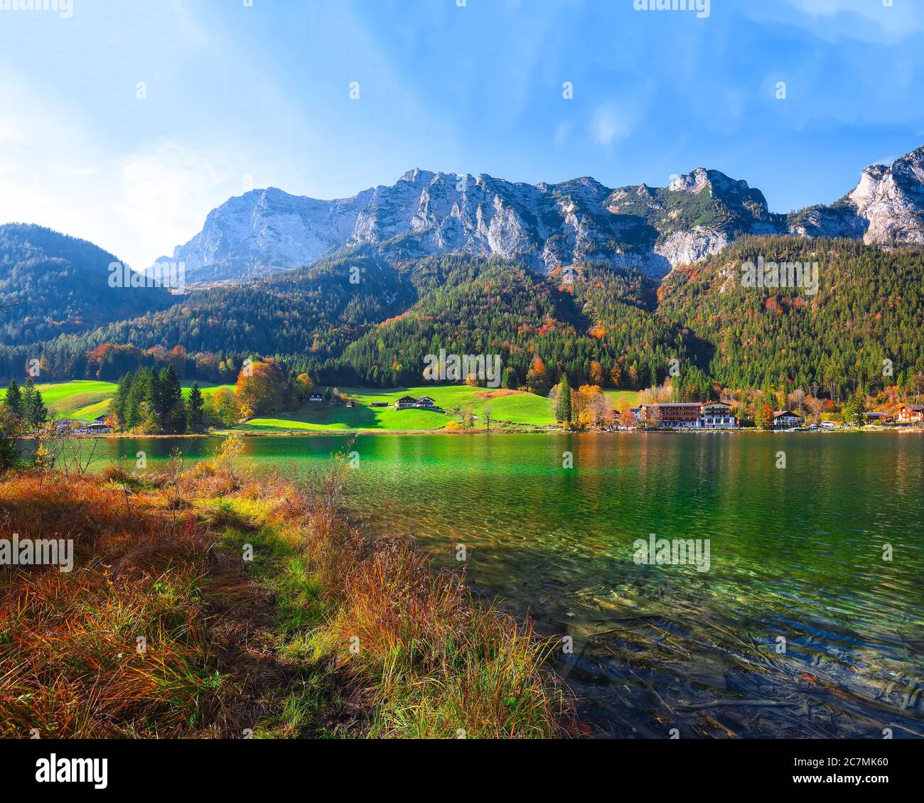 Fantastic autumn sunset of Hintersee lake. Beautiful scene of trees ...