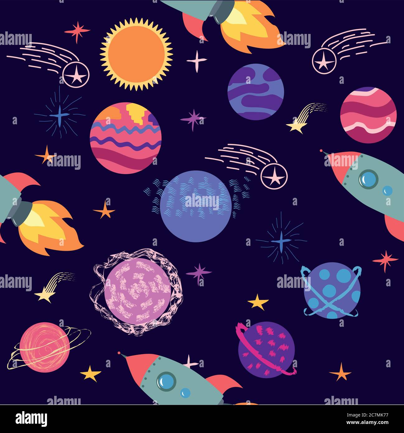Seamless space pattern. Planets, rockets and stars. Cartoon spaceship ...