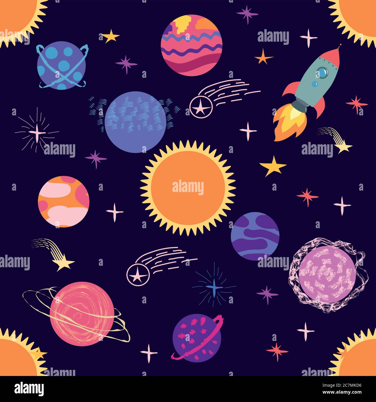 Seamless space pattern. Planets, rockets and stars. Cartoon spaceship ...