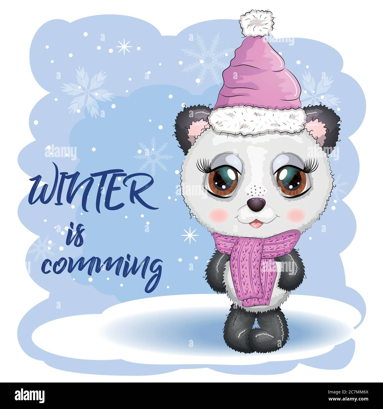 Cute cartoon panda bear with big eyes in a scarf and hat. Winter is ...