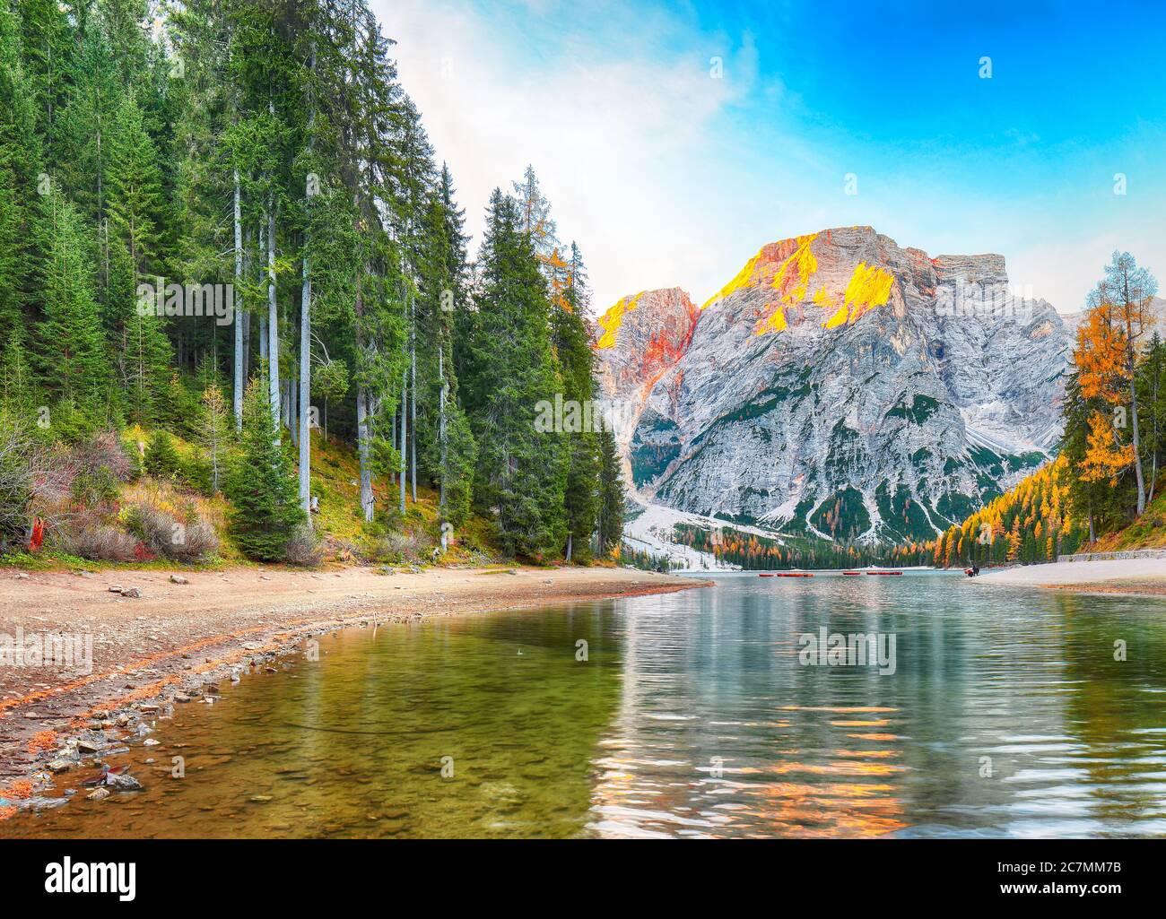 Marvelous scenery of famous alpine lake Braies at autumn. Location ...