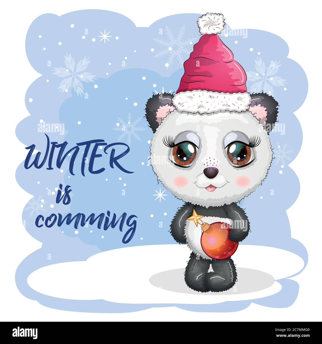 Cute cartoon panda bear with big eyes in a red Santa Claus hat with a ...