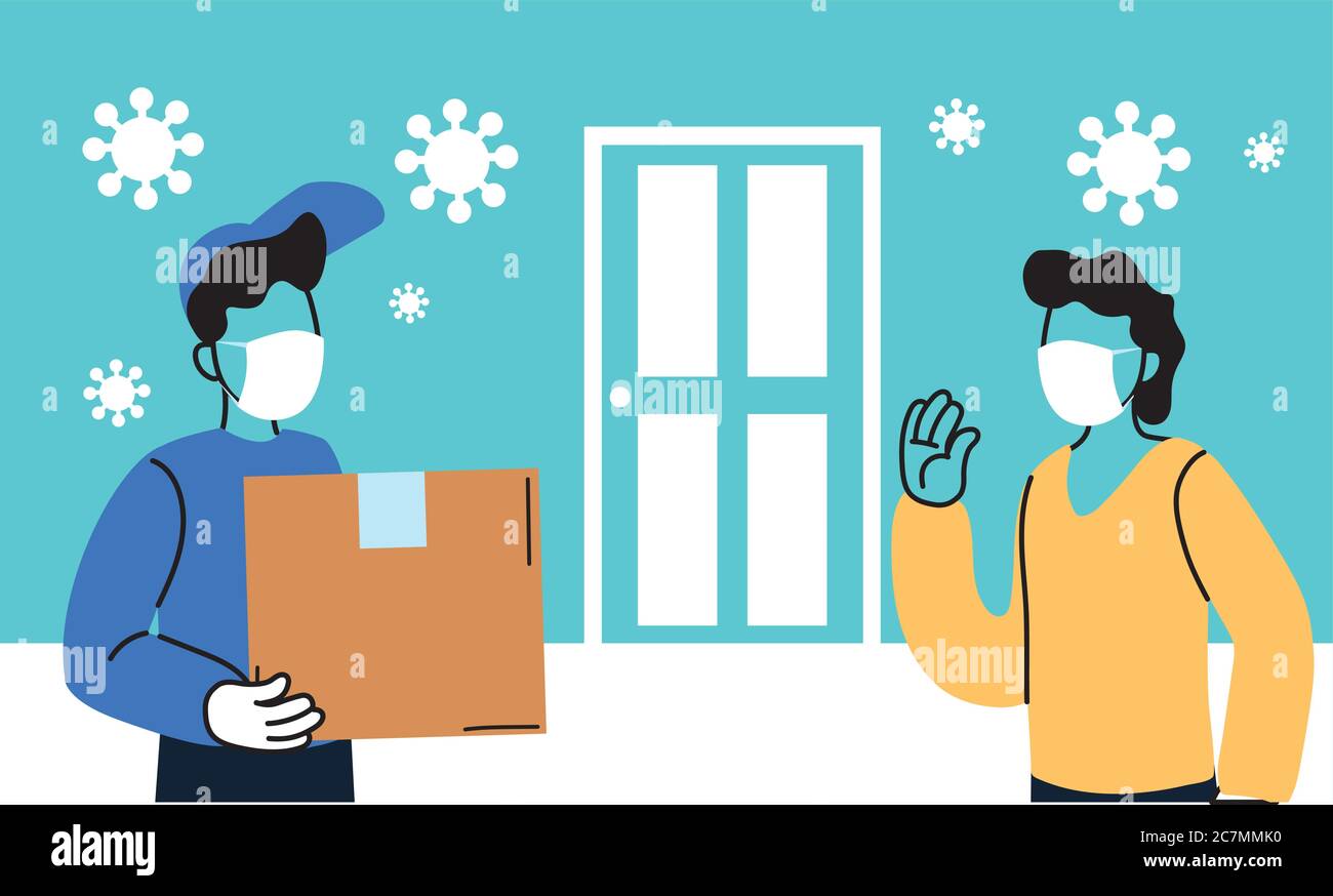 men with masks delivering and receiving secure package vector ...