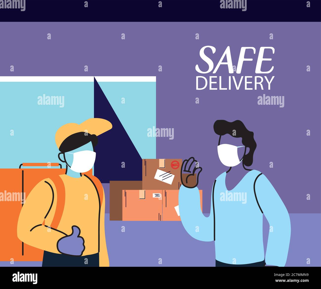 men with masks delivering and receiving secure package vector ...