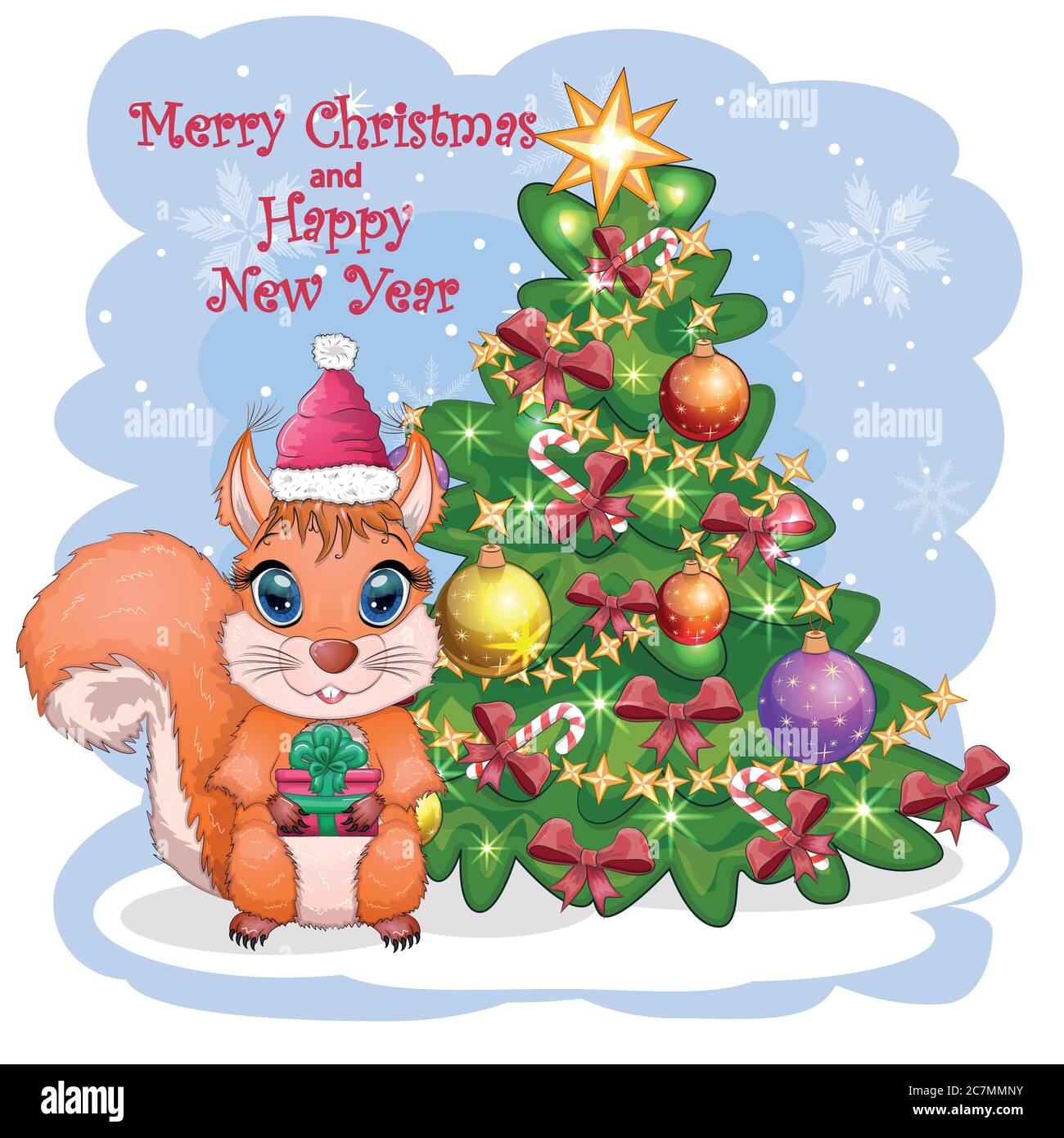 Cute cartoon squirrel with beautiful eyes in a Santa Claus hat with a ...