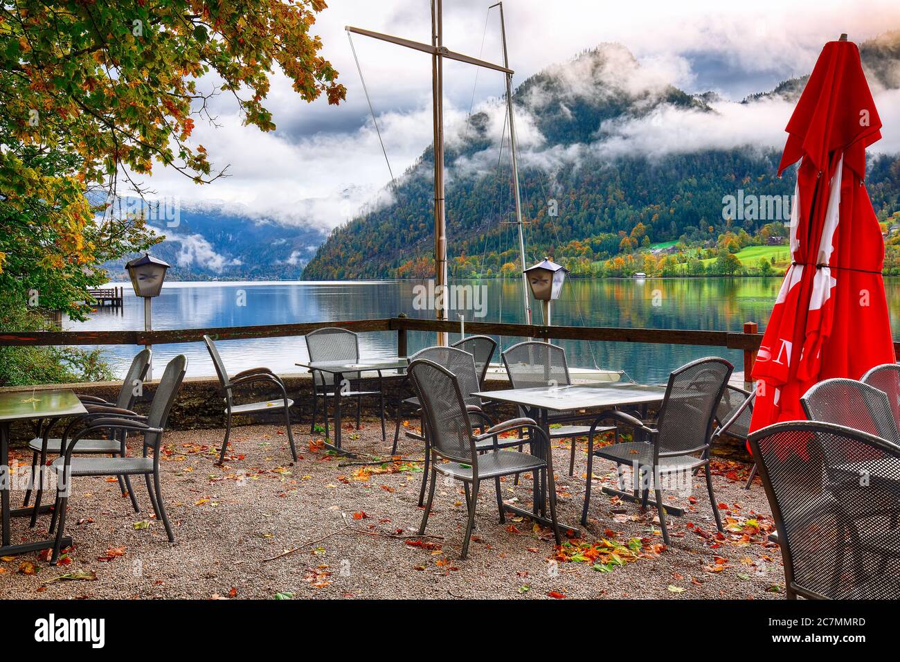 Autumn scene at small restaurant in Grundlsee lake. Location: resort ...
