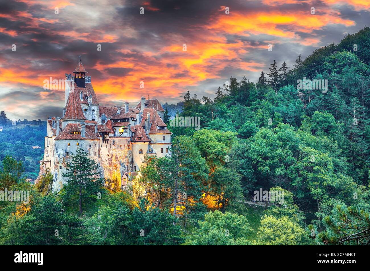 Landscape with medieval Bran castle known for the myth of Dracula at ...
