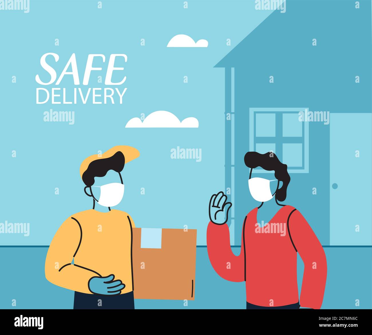 men with masks delivering and receiving secure package vector ...