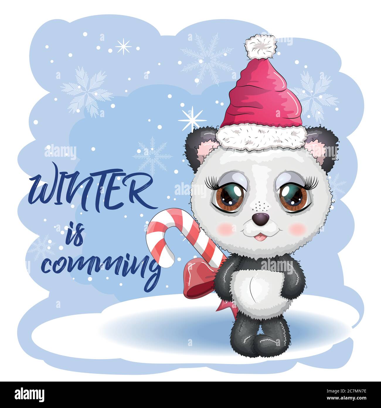 Cute cartoon panda bear with big eyes in a red Santa Claus hat with a ...