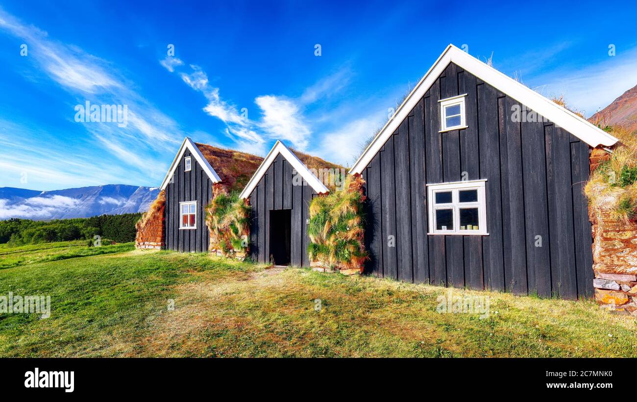 Traditional Icelandic turf houses in the town of Holar. Location: Holar ...