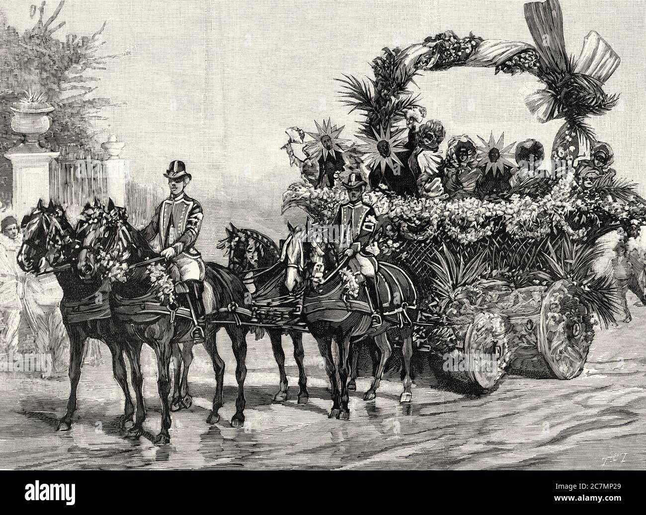 Traditional 19th century Madrid carnival. Traditional parade of floats ...
