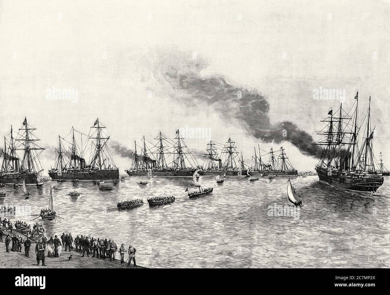 Ships of the transatlantic company transferring Spanish army troops to ...