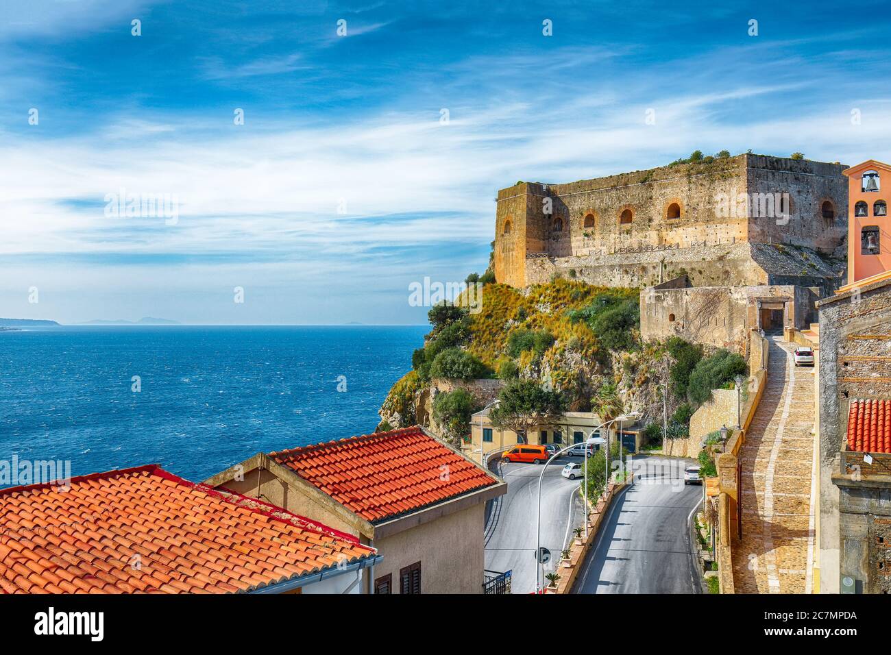 Beautiful seaside town village Scilla with old medieval castle on rock ...